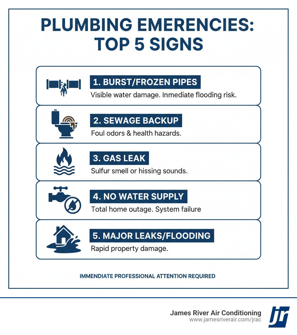 Infographic showing the top 5 signs of a plumbing emergency: 1. Burst ...