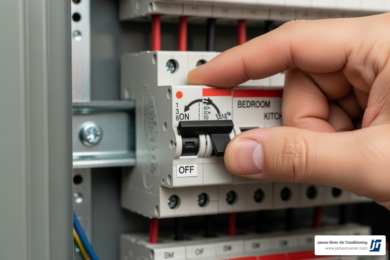 hand safely flipping a circuit breaker to the 'off' position ...