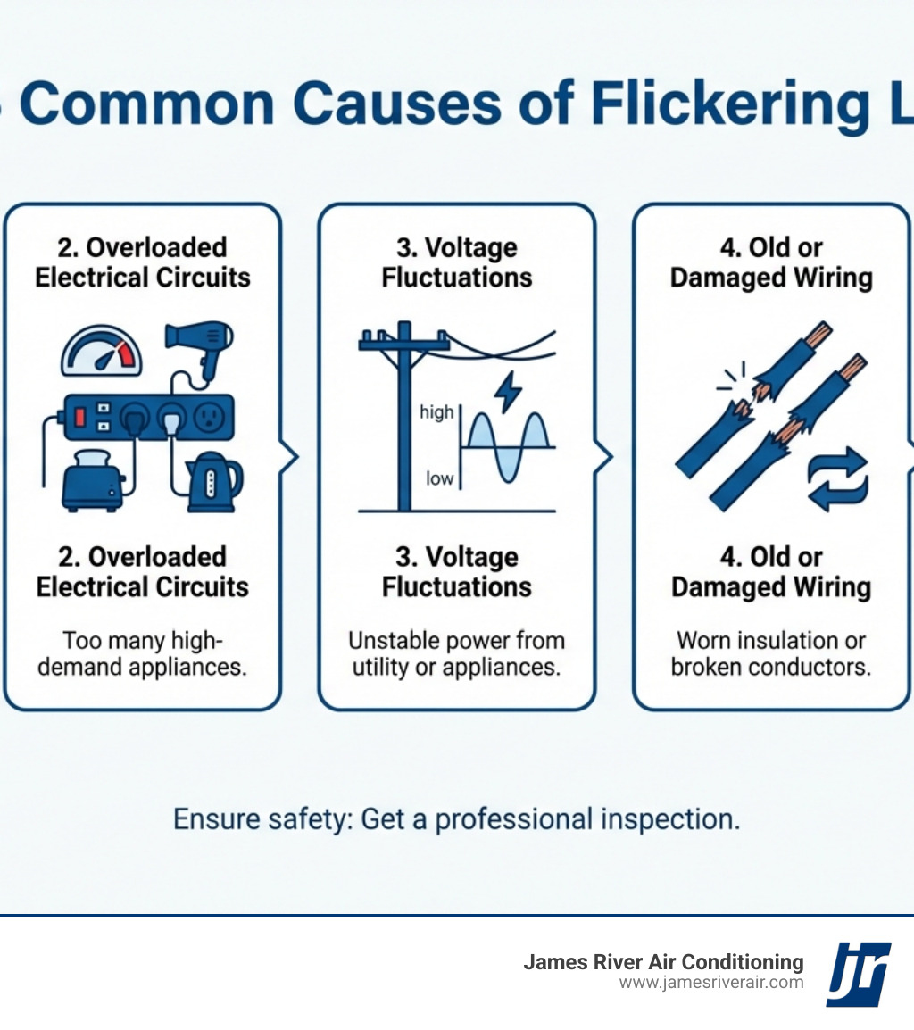 Infographic showing the top 5 common causes of flickering lights: 1 ...
