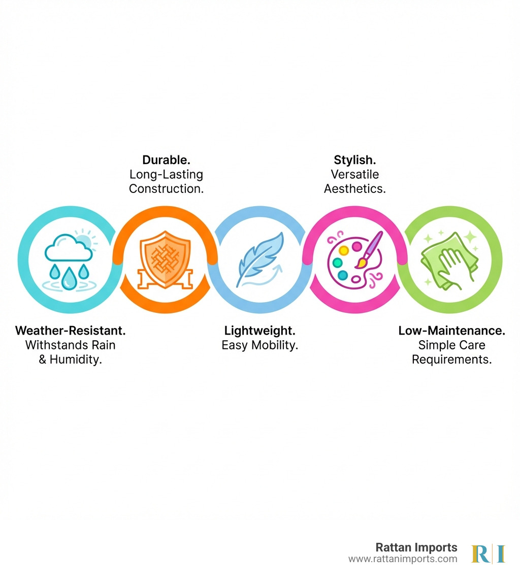 Infographic showing the top 5 benefits of PE Rattan for outdoor ...