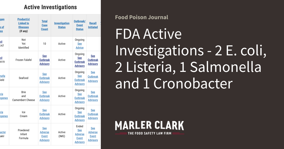 FDA Active Investigations - 2 E. coli, 2 Listeria, 1 Salmonella and 1 ...