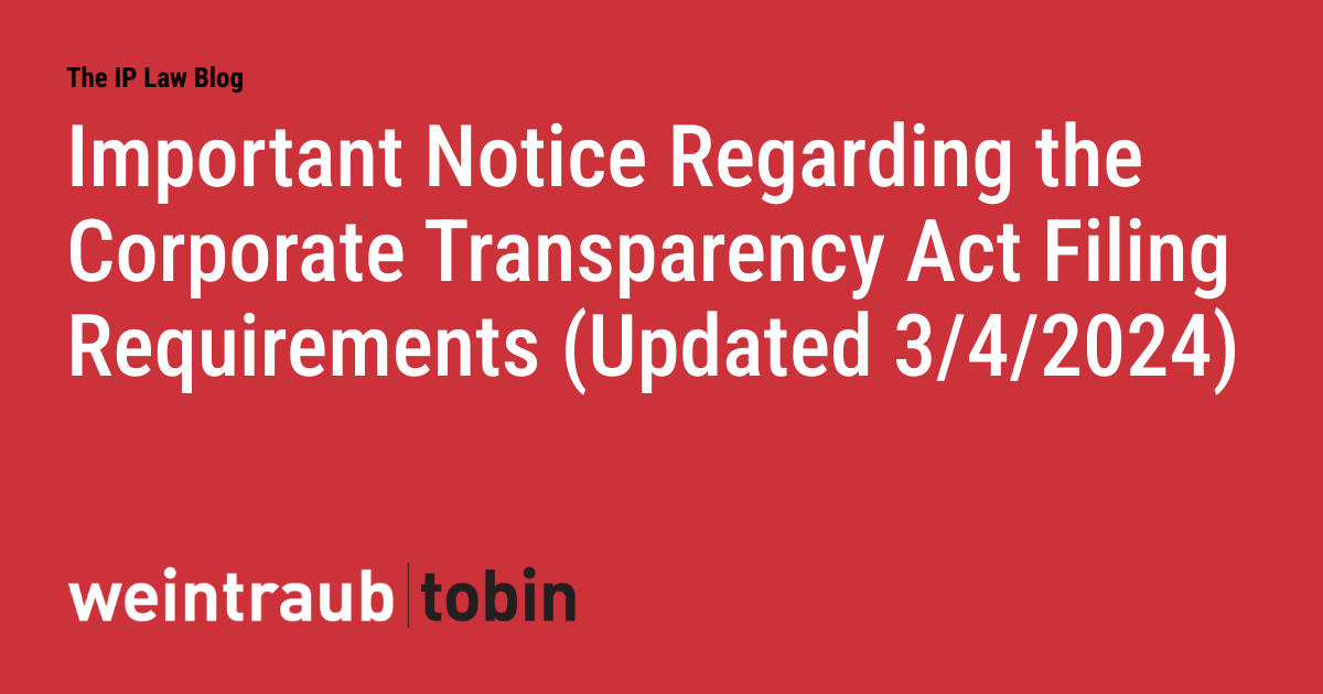 Important Notice Regarding the Corporate Transparency Act Filing ...