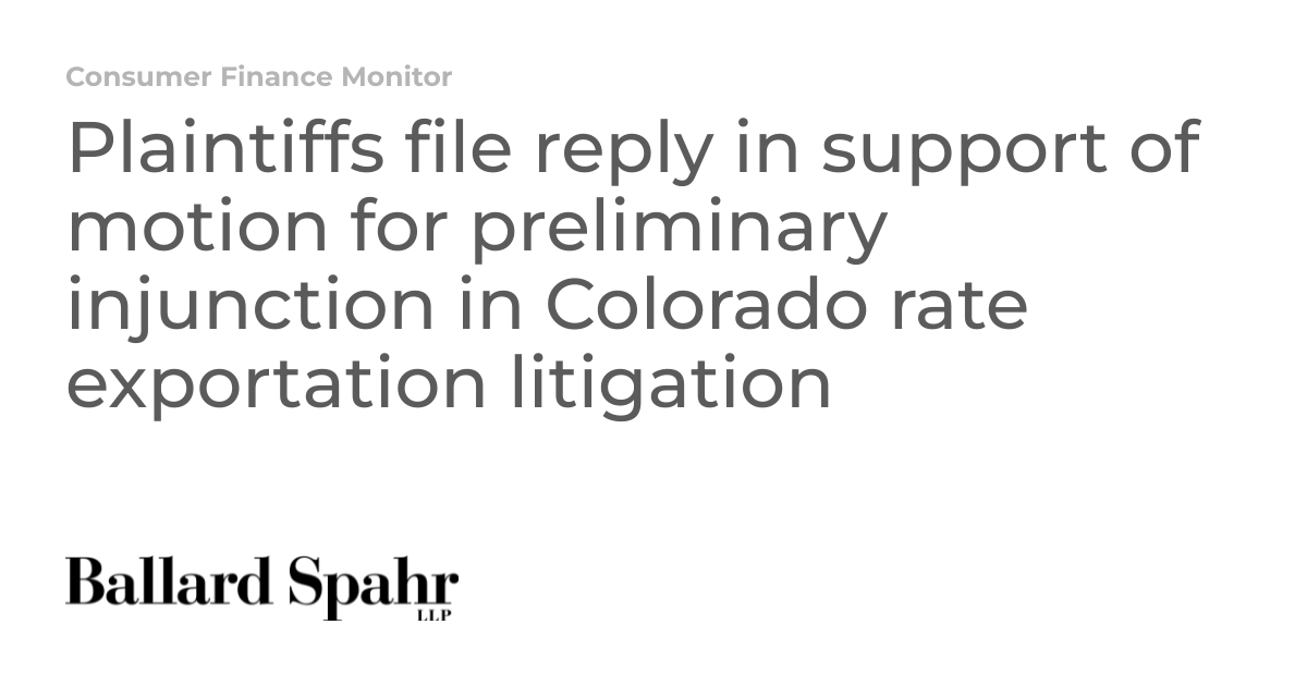 Plaintiffs file reply in support of motion for preliminary injunction in Colorado rate ...