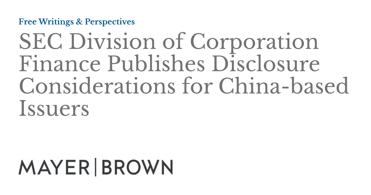 SEC Division of Corporation Finance Publishes Disclosure Considerations ...
