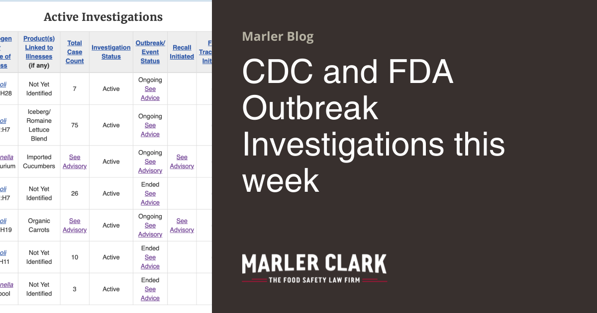 CDC and FDA Outbreak Investigations this week | Marler Blog