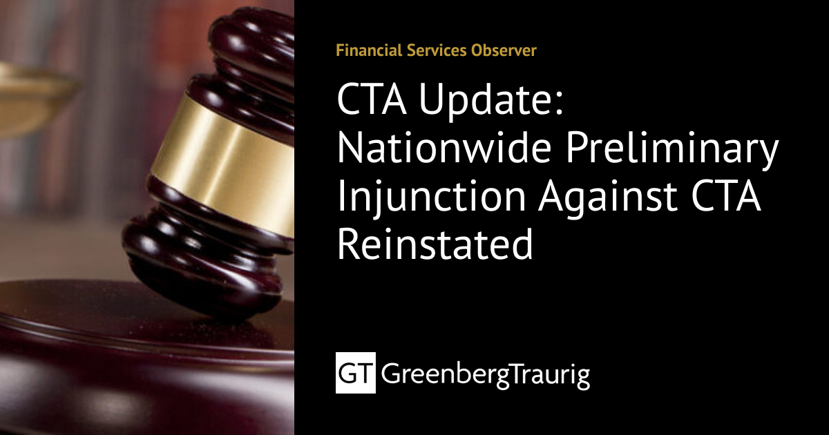 CTA Update: Nationwide Preliminary Injunction Against CTA Reinstated | Financial Services Observer