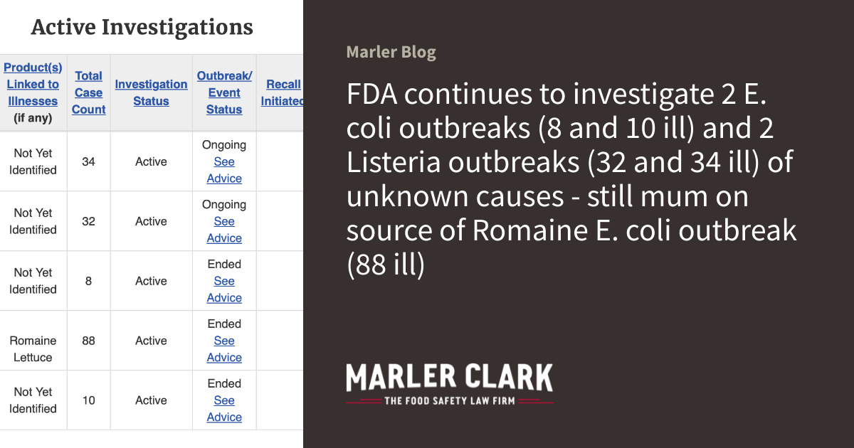 FDA continues to investigate 2 E. coli outbreaks (8 and 10 ill) and 2 ...