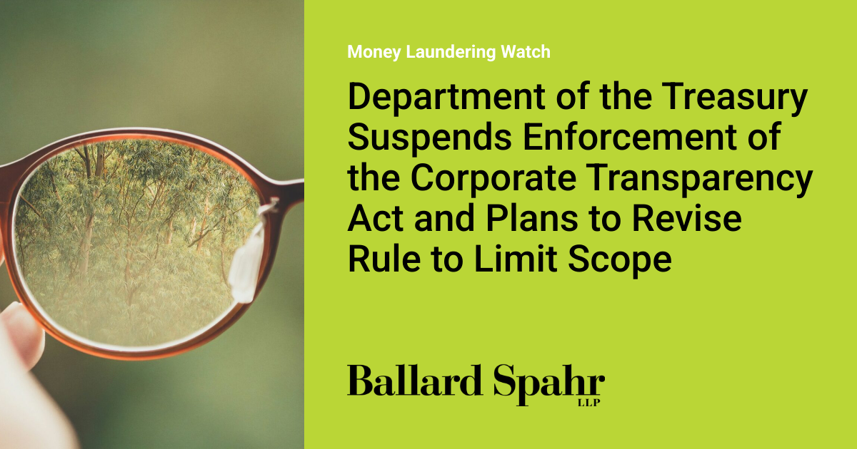 Department of the Treasury Suspends Enforcement of the Corporate ...