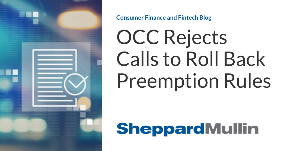 OCC Rejects Calls to Roll Back Preemption Rules | Consumer Finance and ...
