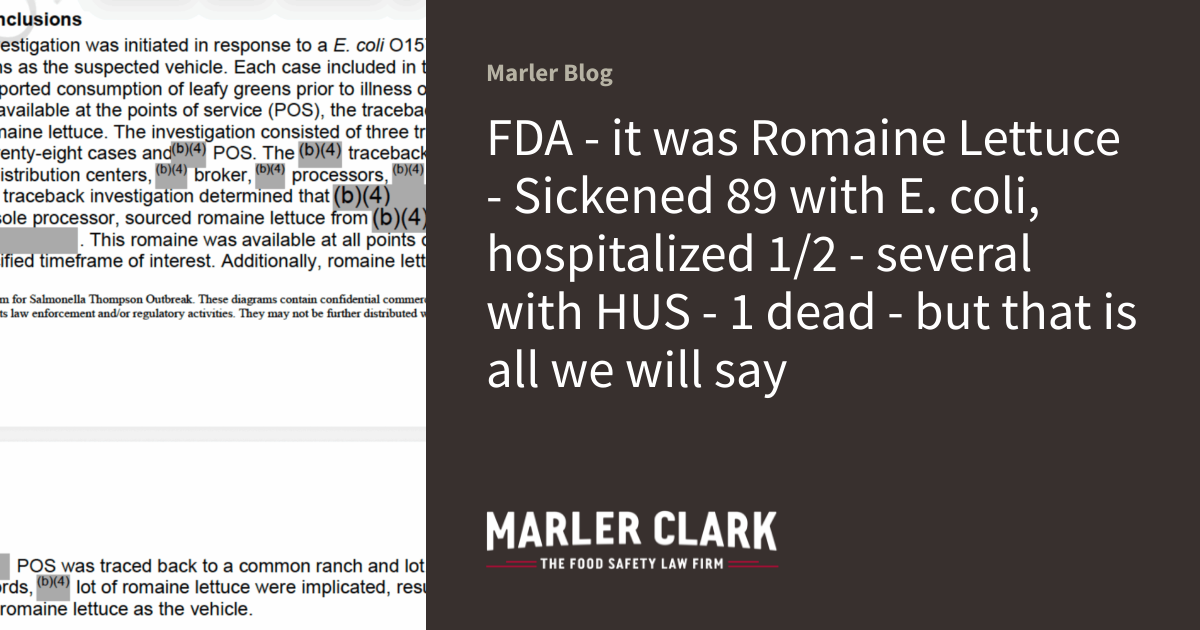 FDA - it was Romaine Lettuce - Sickened 89 with E. coli, hospitalized 1 ...