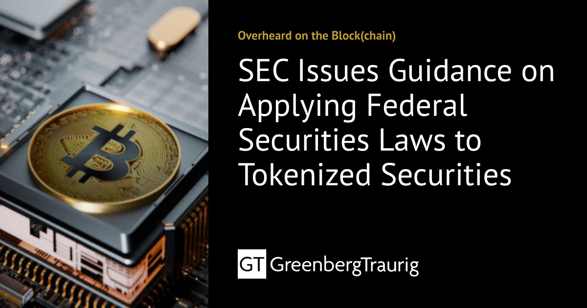 SEC Issues Guidance on Applying Federal Securities Laws to Tokenized ...